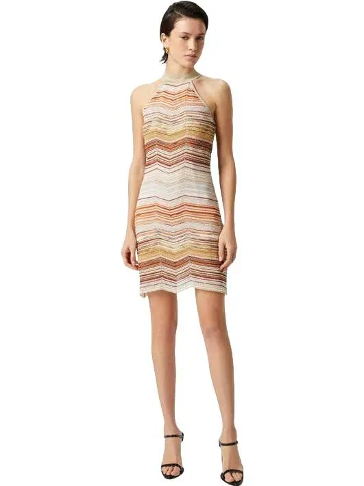 Missoni Short Sleeveless Chevron Lamé Dress With Sequins And Halter Neckline - Red Multicoloured