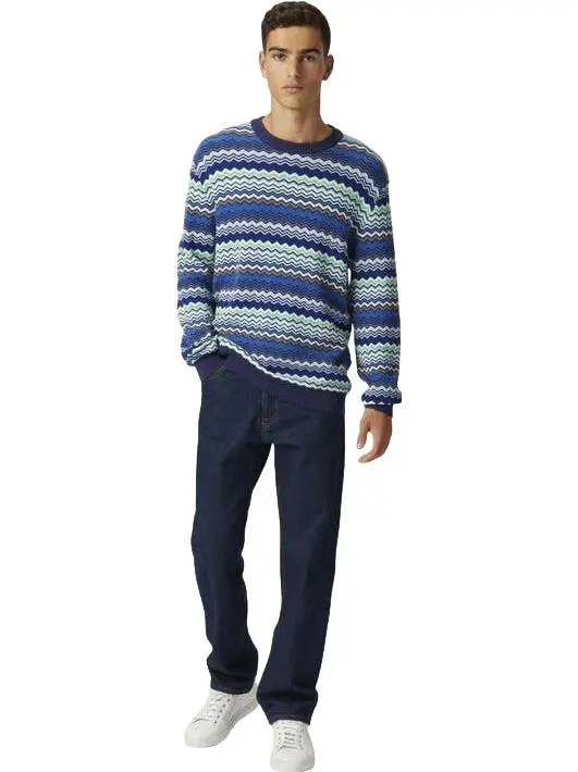 Missoni Cotton Crew-neck Pullover With Micro Zigzag And Contrasting Piping - Blue