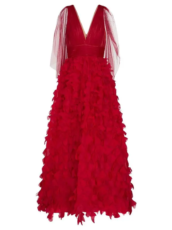 Marchesa Appliquéd Plissé Tulle And Organza Gown - Crimson