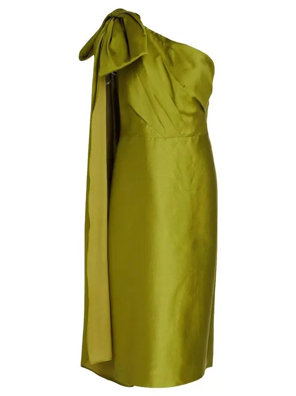 Marchesa One-shoulder Satin-twill Midi Dress With Bow - Leaf Green