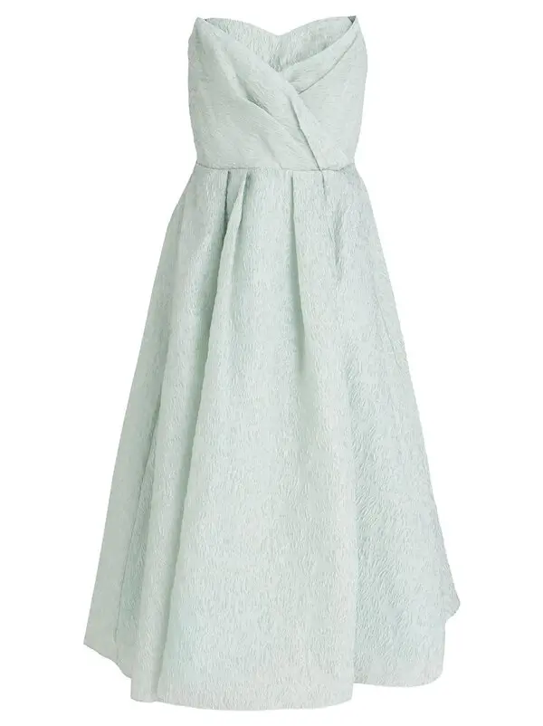 Marchesa Strapless Pleated Cloqué Midi Dress - Mint