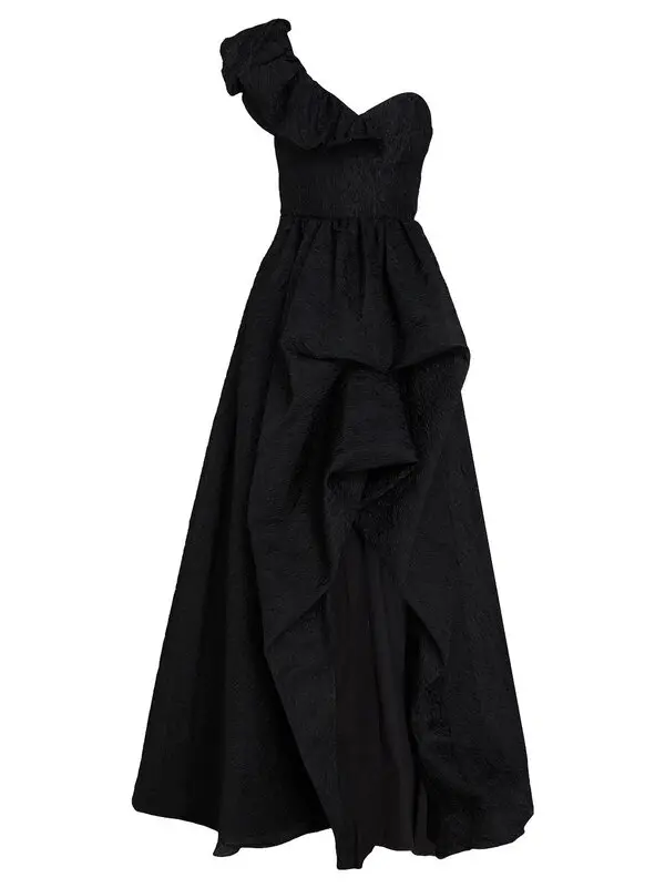 Marchesa One-shoulder Ruffled Cloqué Gown - Black