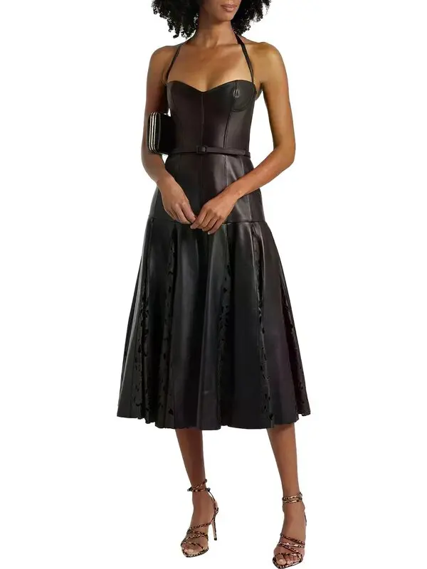 Oscar De La Renta Laser-cut Leather Halterneck Midi Dress - Black