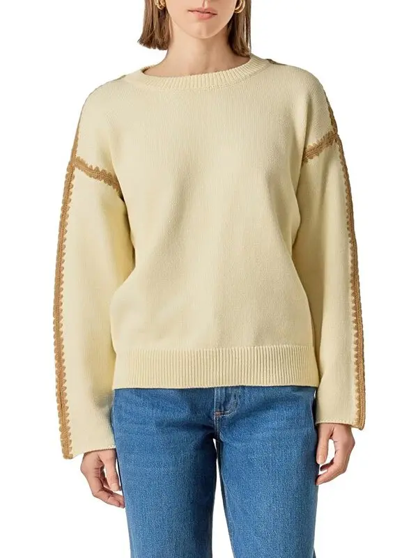 English Factory Stitch Detail Cotton Sweater - Cream/tan