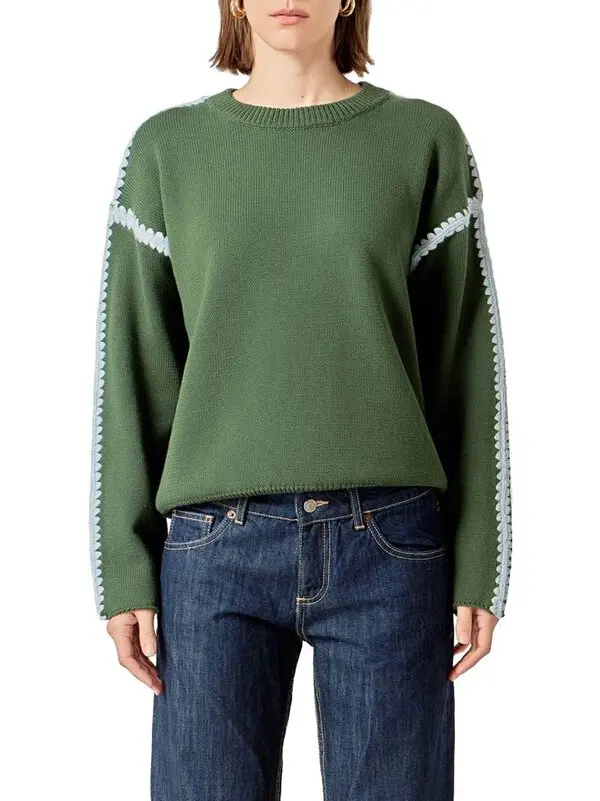 English Factory Stitch Detail Cotton Sweater - Moss Multi