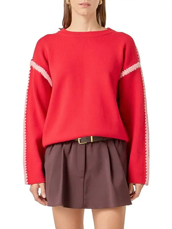 English Factory Stitch Detail Cotton Sweater - Red/pink