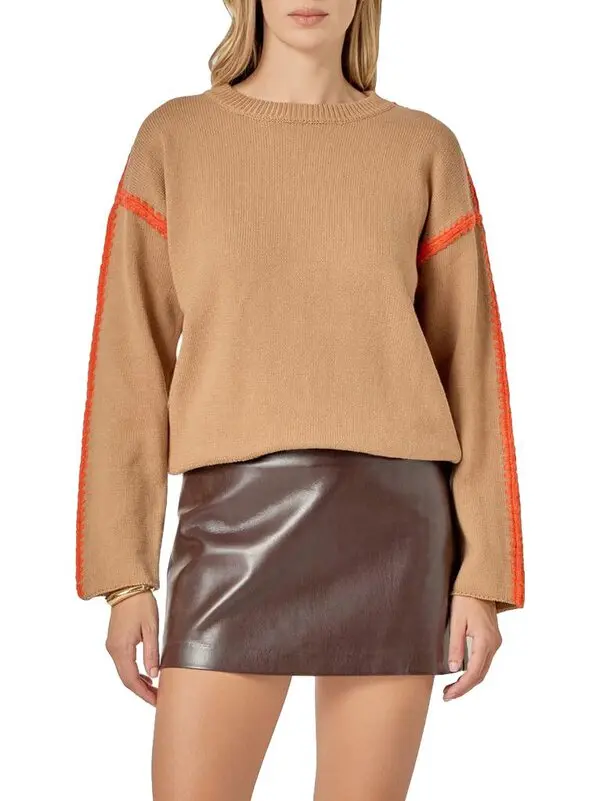 English Factory Stitch Detail Cotton Sweater - Tan/orange