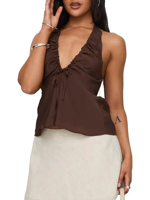 Princess Polly Gadot Ruched Halter Top - Brown