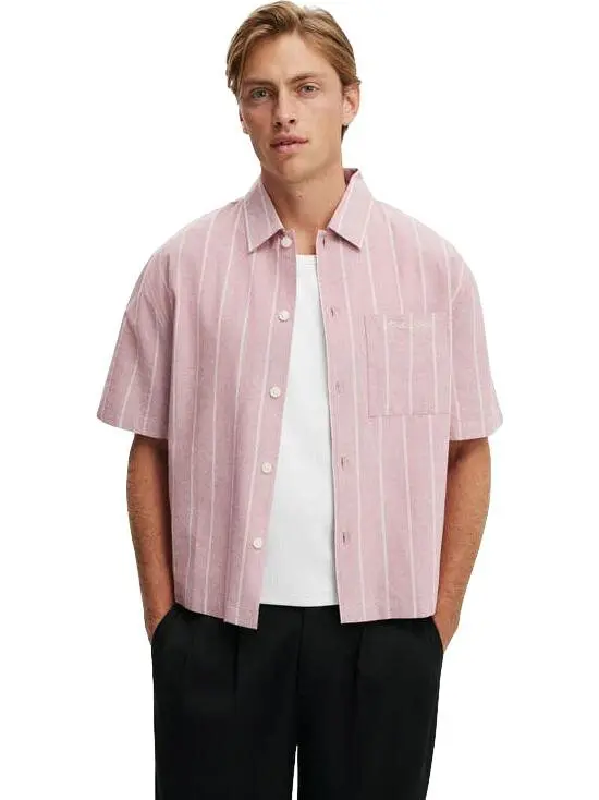 COTTON ON Ventura Short Sleeve Shirt - Berry Stripe Emb