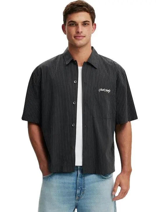 COTTON ON Ventura Short Sleeve Shirt - Black Stripe Emb