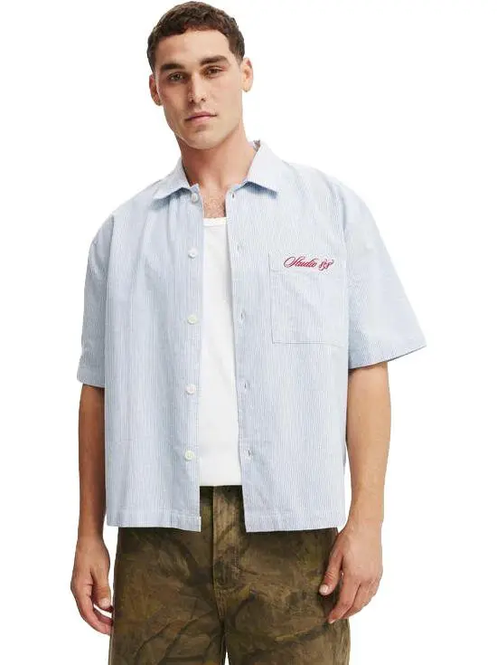 COTTON ON Ventura Short Sleeve Shirt - Blue Stripe Emb