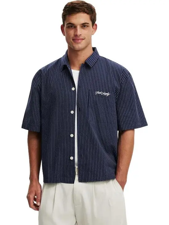COTTON ON Ventura Short Sleeve Shirt - Navy Stripe