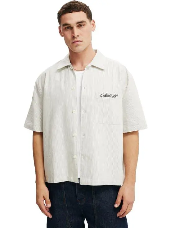 COTTON ON Ventura Short Sleeve Shirt - Off White Stripe Emb