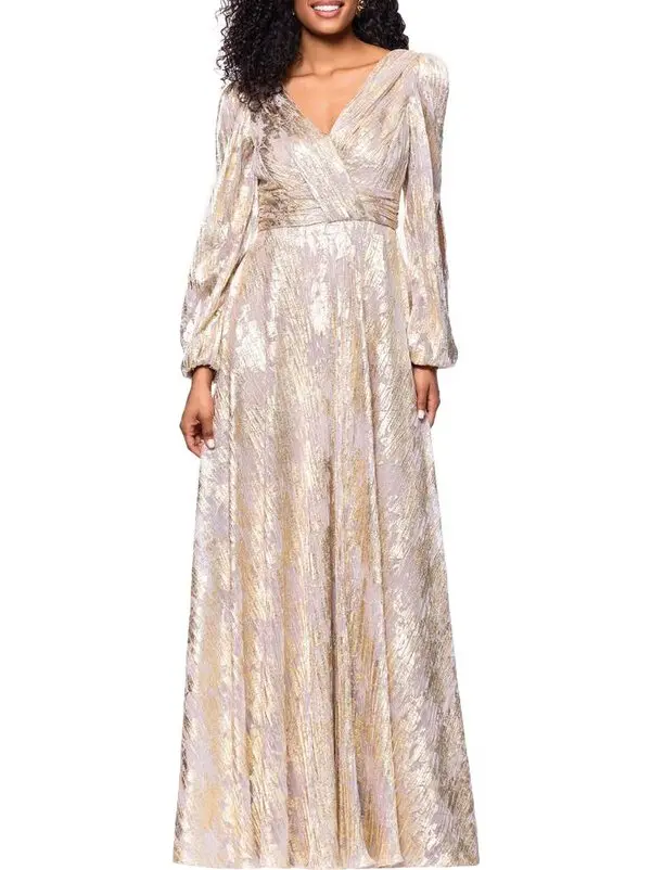 Betsy & Adam Metallic Crinkle Print Long Sleeve A-line Gown - White/ Pink/ Gold