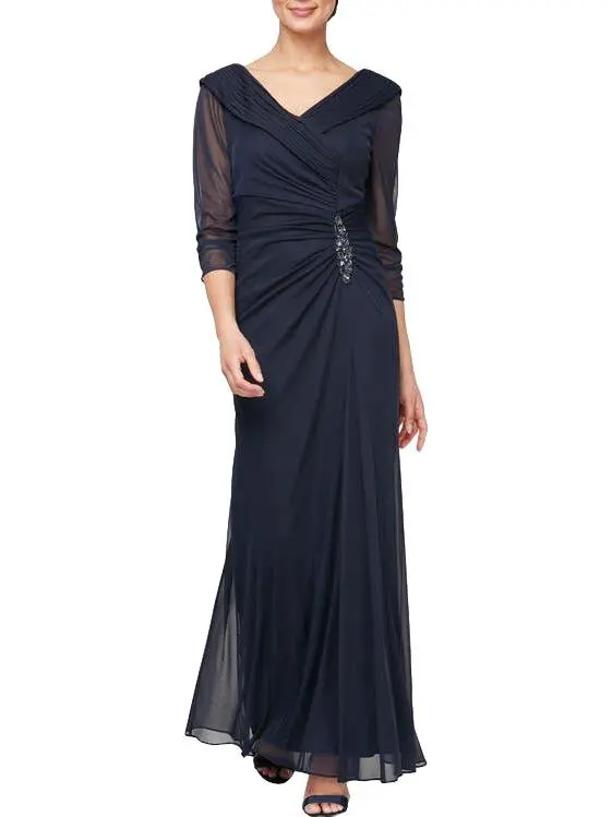 Alex Evenings Embellished Chiffon Gown - Navy