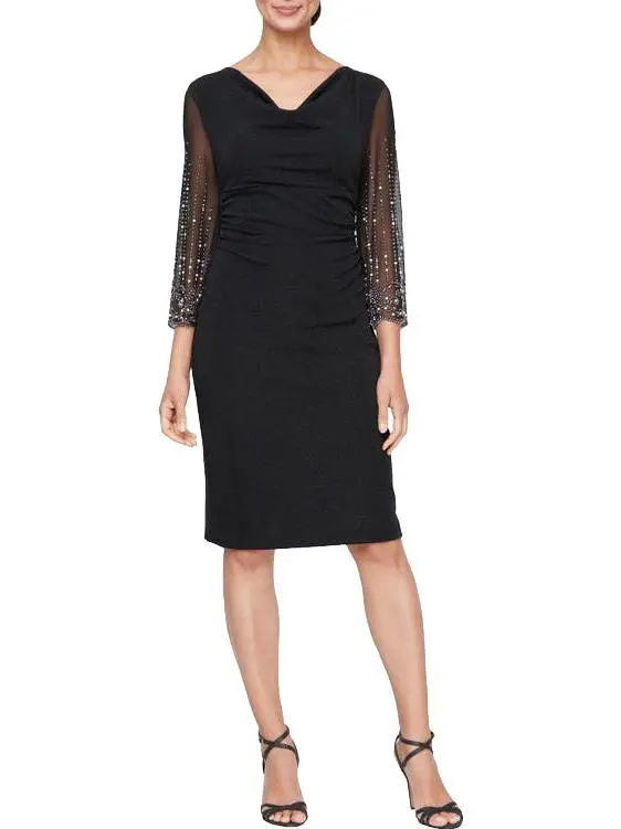 Alex Evenings Cowl Neck Rhinestone Sleeve Sheath Cocktail Dress - Black