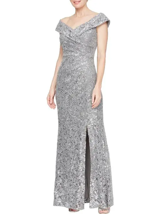 Alex Evenings Sequin Corded Lace Off The Shoulder Gown - Pewter