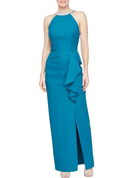 Alex Evenings Embellished Ruffled Gown - Mid Teal