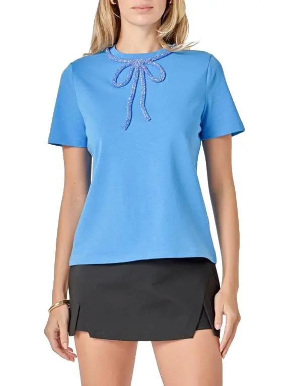 English Factory Beaded Bow Cotton T-shirt - Blue