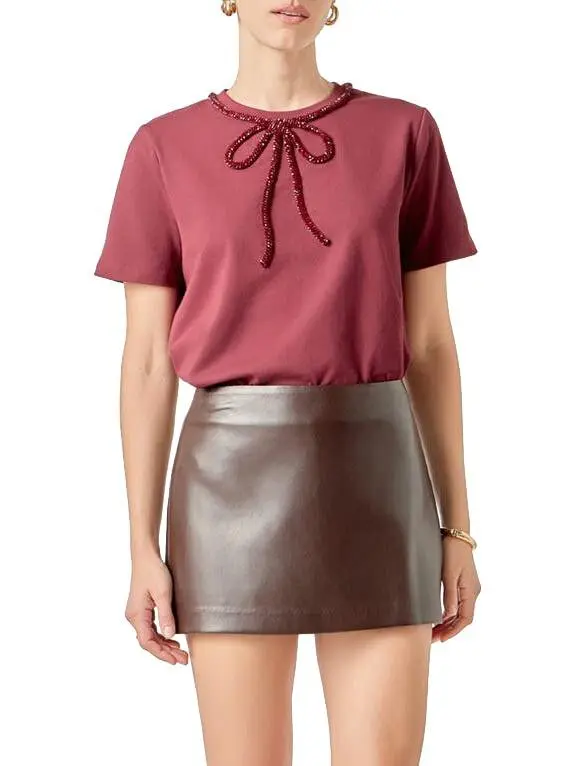 English Factory Beaded Bow Cotton T-shirt - Burgundy