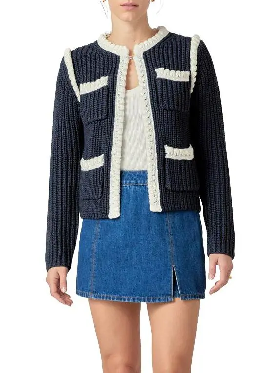 English Factory Colorblock Braided Cardigan - Navy/ White