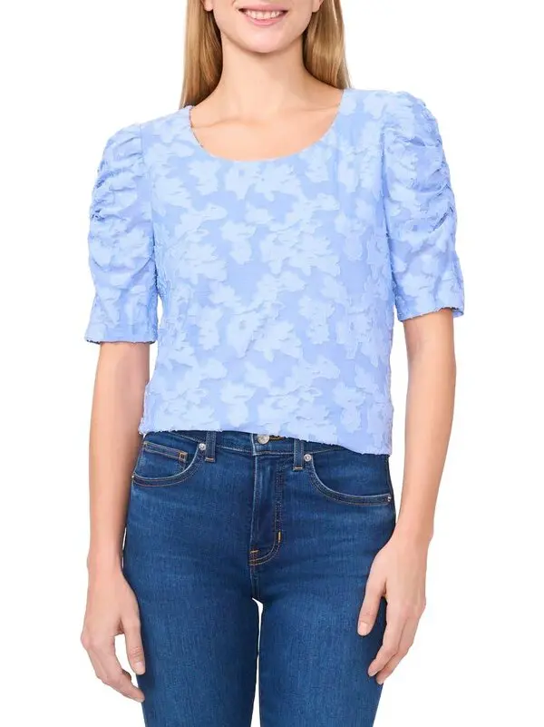 CECE DUPRAZ Floral Jacquard Ruched Sleeve Top - Vista Blue