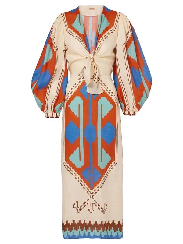 Johanna Ortiz Printed Linen Midi Dress With Tie Detail - Multicoloured