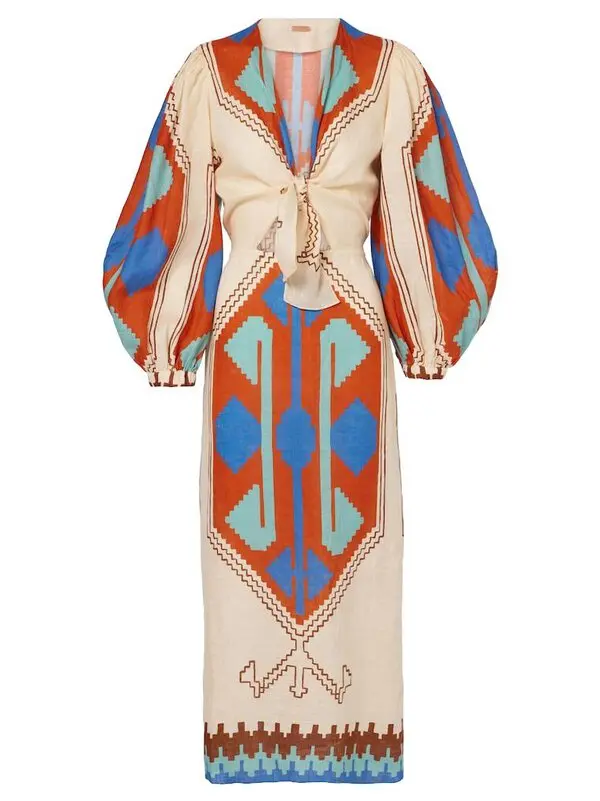 Johanna Ortiz Printed Linen Midi Dress With Tie Detail - Multicoloured