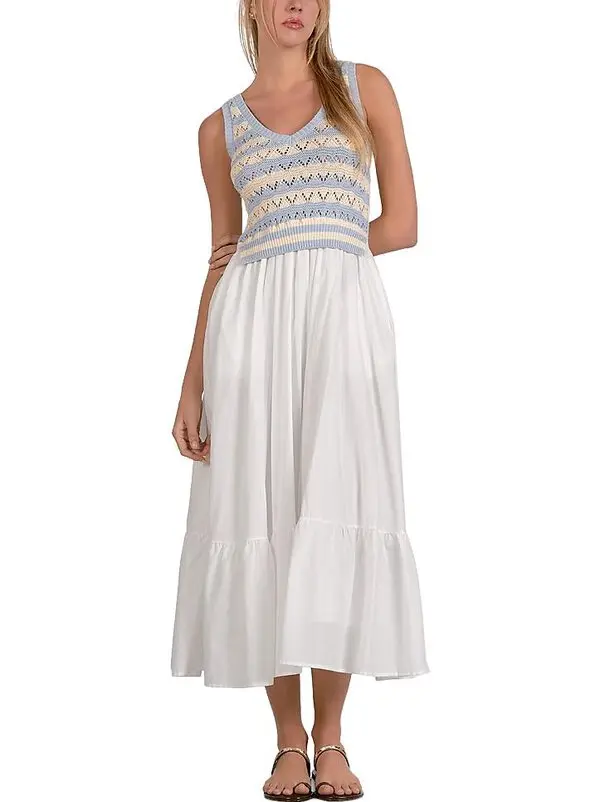 Elan Mixed Media Knit Midi Dress - White Blue
