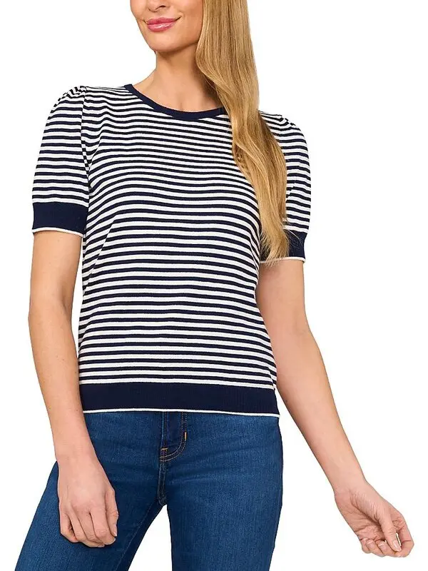 CECE DUPRAZ Striped Puff Short Sleeve Sweater - Classic Navy