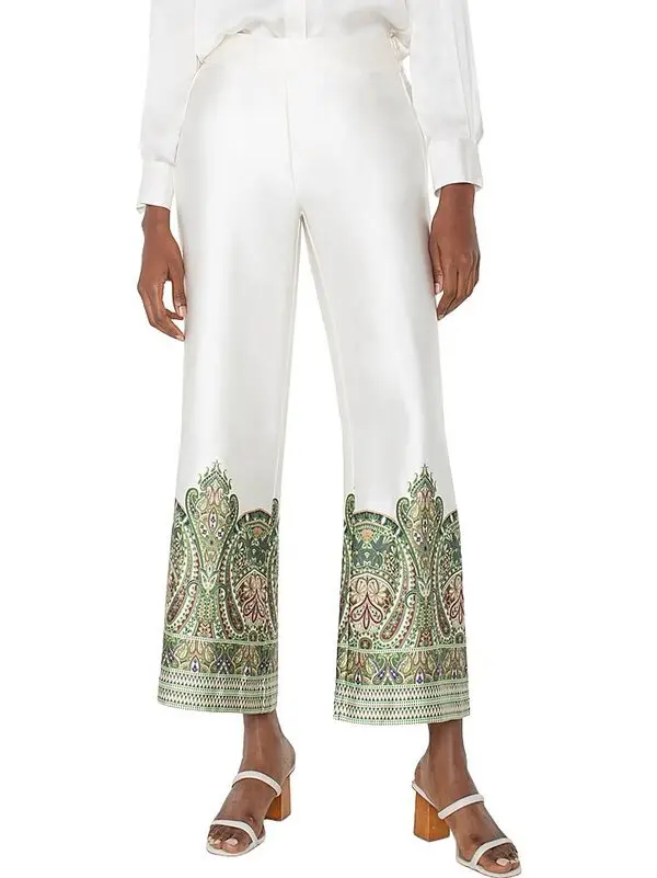 LIVERPOOL Border Print Wide Leg Pants - Cream Olive Paisly