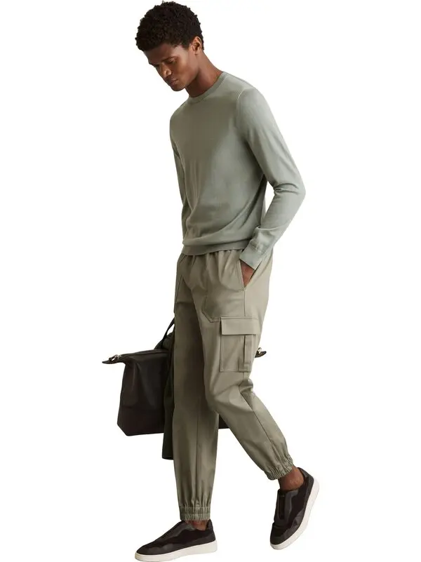 REISS Haven Cotton Cargo Trousers - Washed Khaki Green