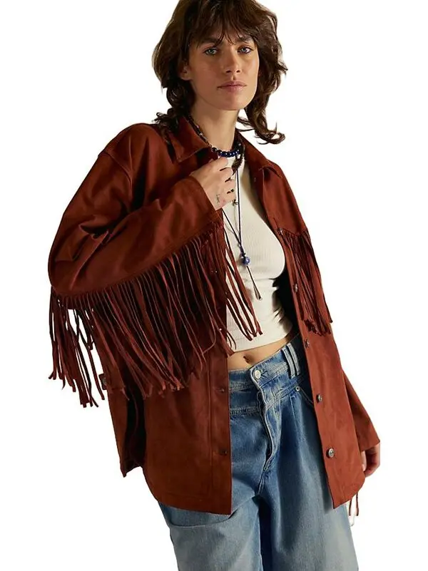 Free People We The Free Vegan Suede Fringe Jacket - Red