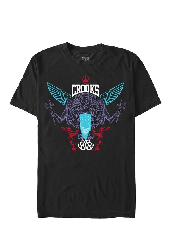 CROOKS & CASTLES Abstract Medusa Purple And Blue Logo Short Sleeve Graphic T-shirt - Black