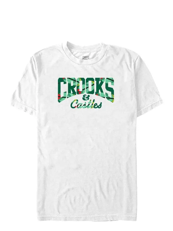CROOKS & CASTLES Green Tropical Print Graphic T-shirt - White