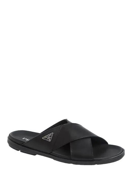 Prada Criss-cross Leather Slide Sandal - Nero