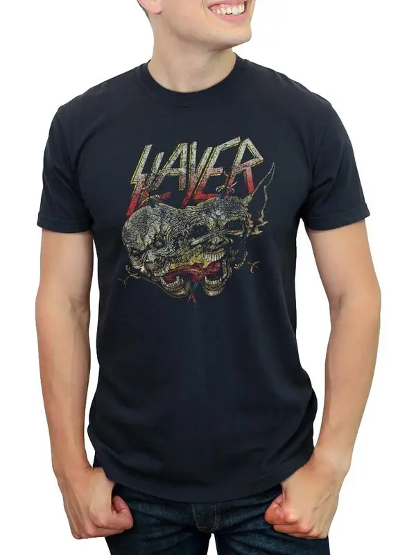 SLAYER Demon Faces Distressed Short Sleeve Graphic T-shirt - Black
