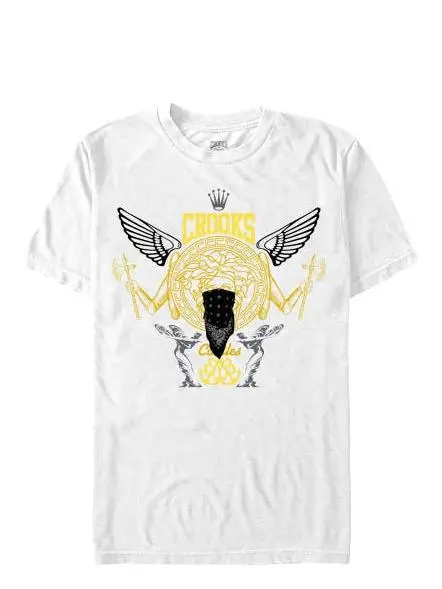 CROOKS & CASTLES Abstract Medusa Yellow And Black Logo Graphic T-shirt - White