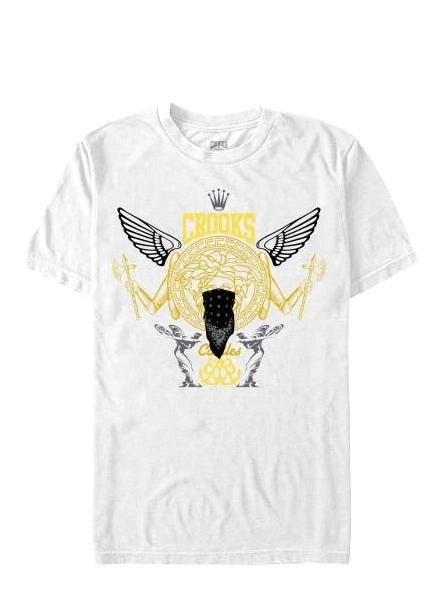 CROOKS & CASTLES Abstract Medusa Yellow And Black Logo Short Sleeve Graphic T-shirt - White
