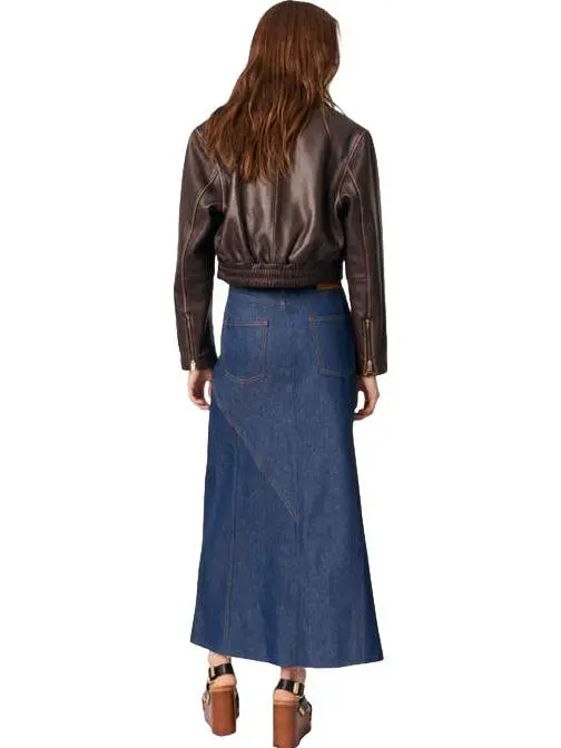 Maje Long Denim Flared Skirt - Navy