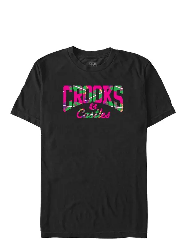 CROOKS & CASTLES Pink Tropical Print Graphic T-shirt - Black