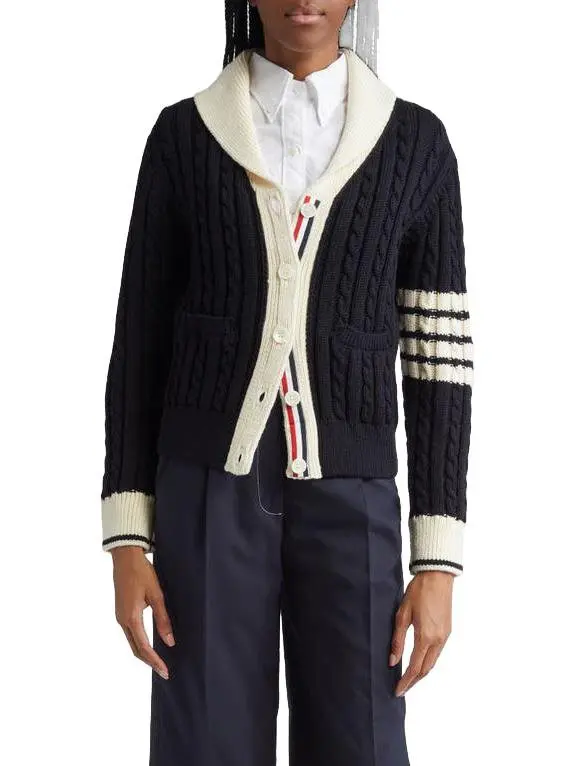 Thom Browne 4-bar Cable Knit Virgin Wool Shawl Cardigan - Navy