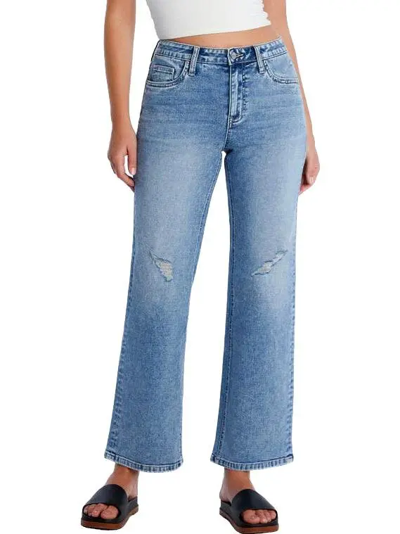 HINT OF BLU Clever Ripped High Waist Wide Leg Jeans - Country Blue