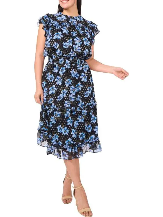 CECE DUPRAZ Floral Flutter Sleeve Midi Dress - Serene Blue