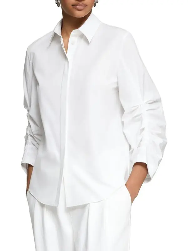 Lafayette 148 New York Ruched Sleeve Cotton Poplin Shirt - White