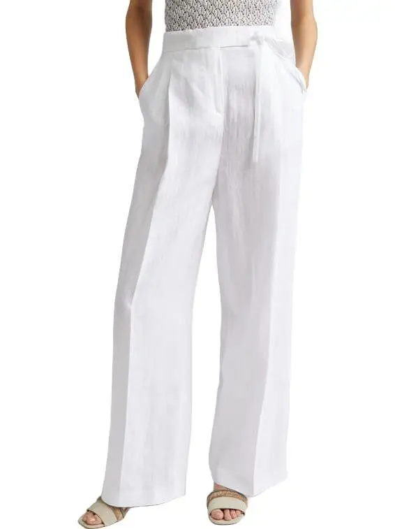 Eleventy Pleated Tie Waist Wide Leg Pants - White