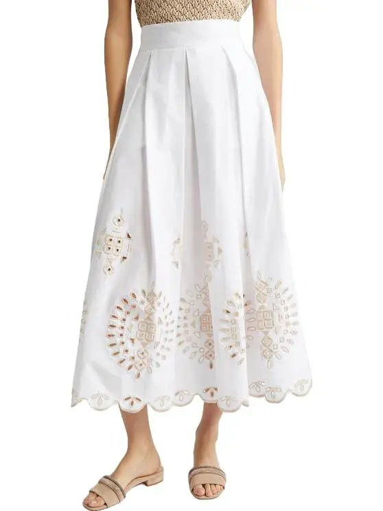Eleventy Eyelet Embroidered Cotton Skirt - White And Beige