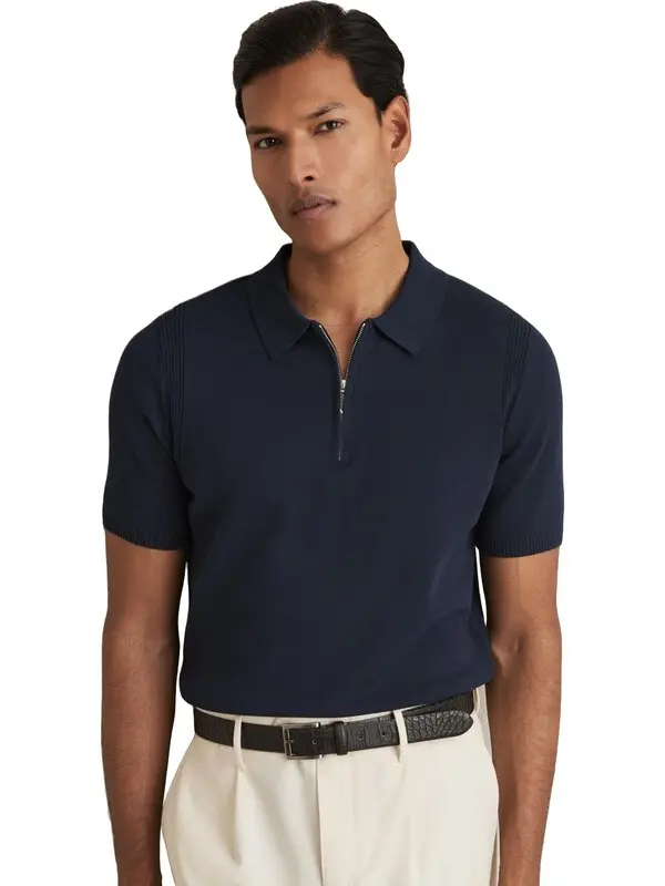 REISS Berkley Cotton Half-zip Knitted Polo Shirt - Navy