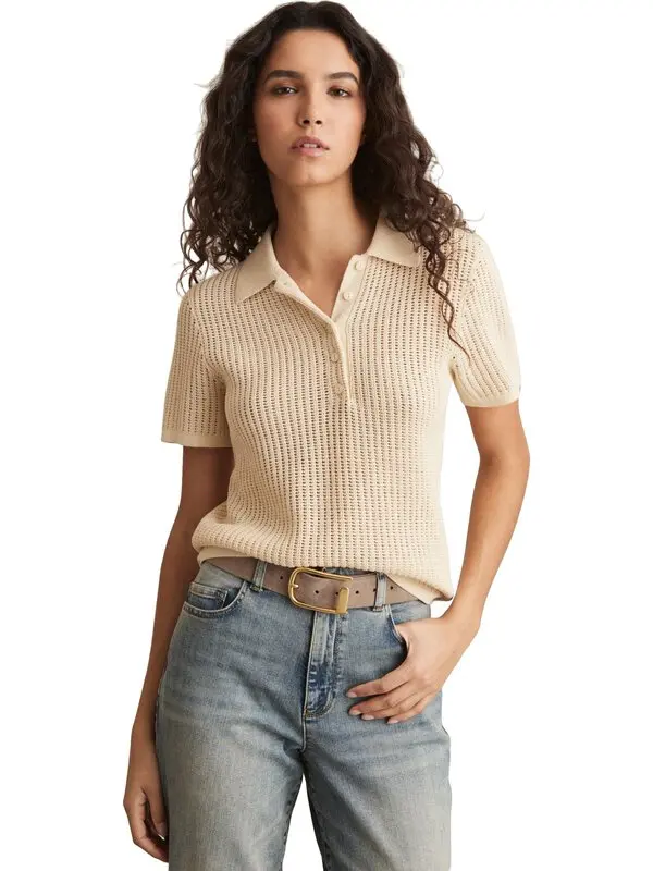 REISS Evi Cotton-blend Open-knit Polo Shirt - Ivory