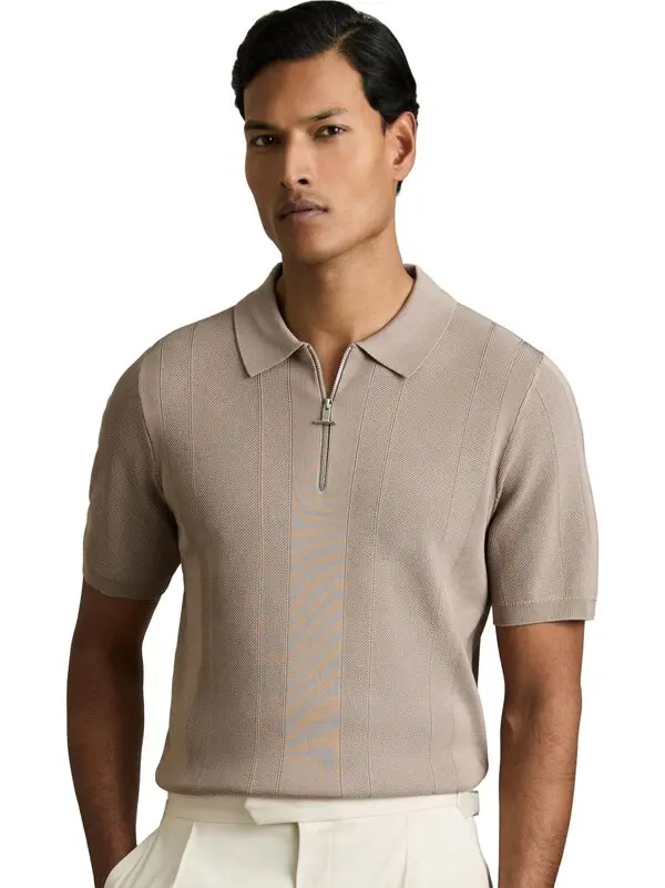 REISS Textured-knit Half-zip Polo Shirt - Taupe Brown